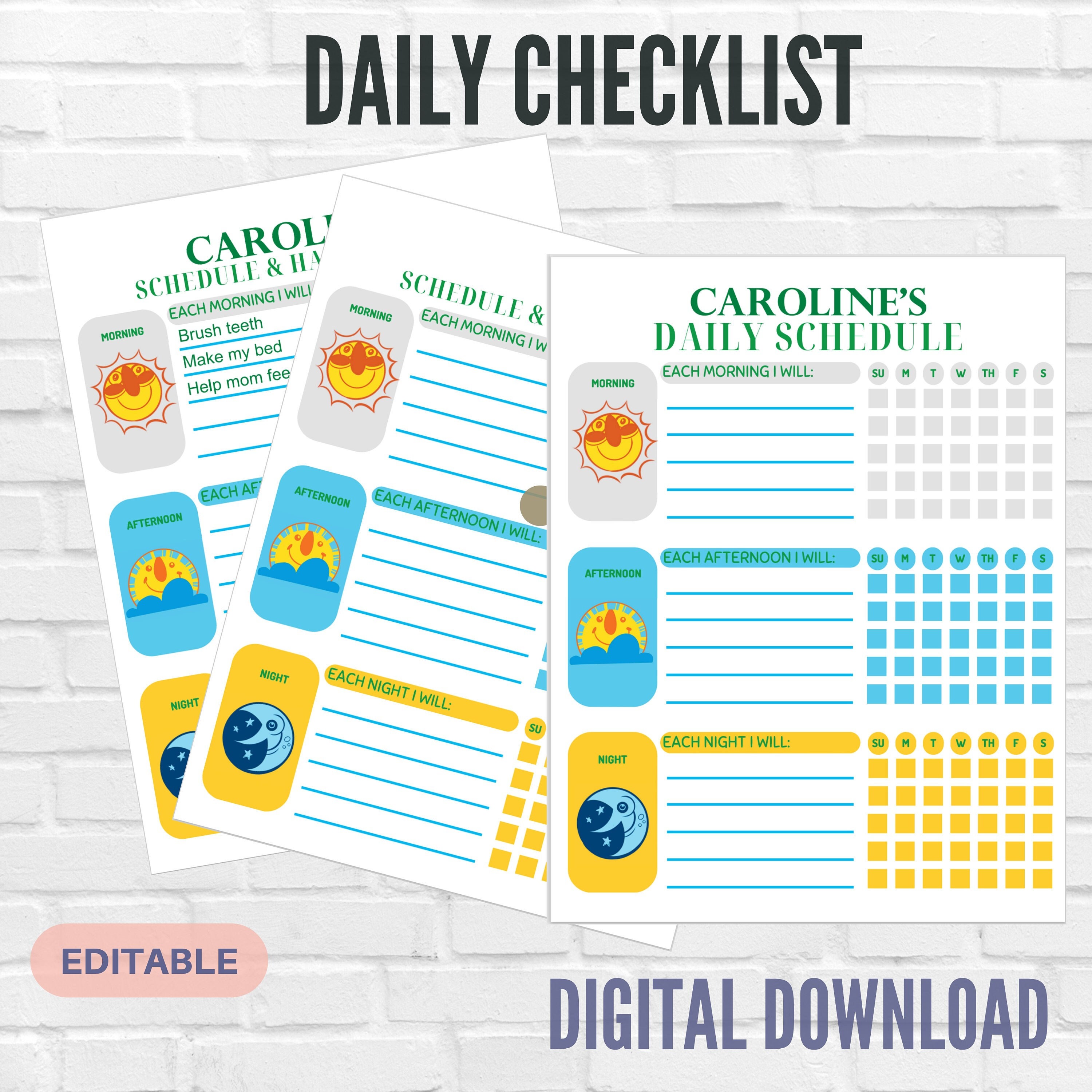 Kids Daily Checklist, Editable Chore Chart, Printable Weekly Planner ...