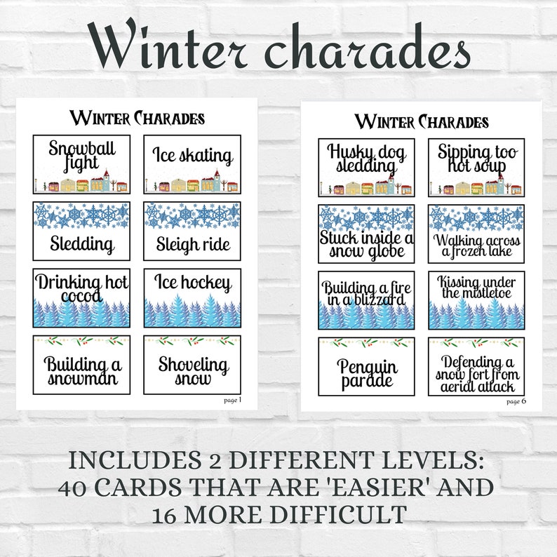 Charades Cards, Kids Party Games, Winter Activities for Adults ...