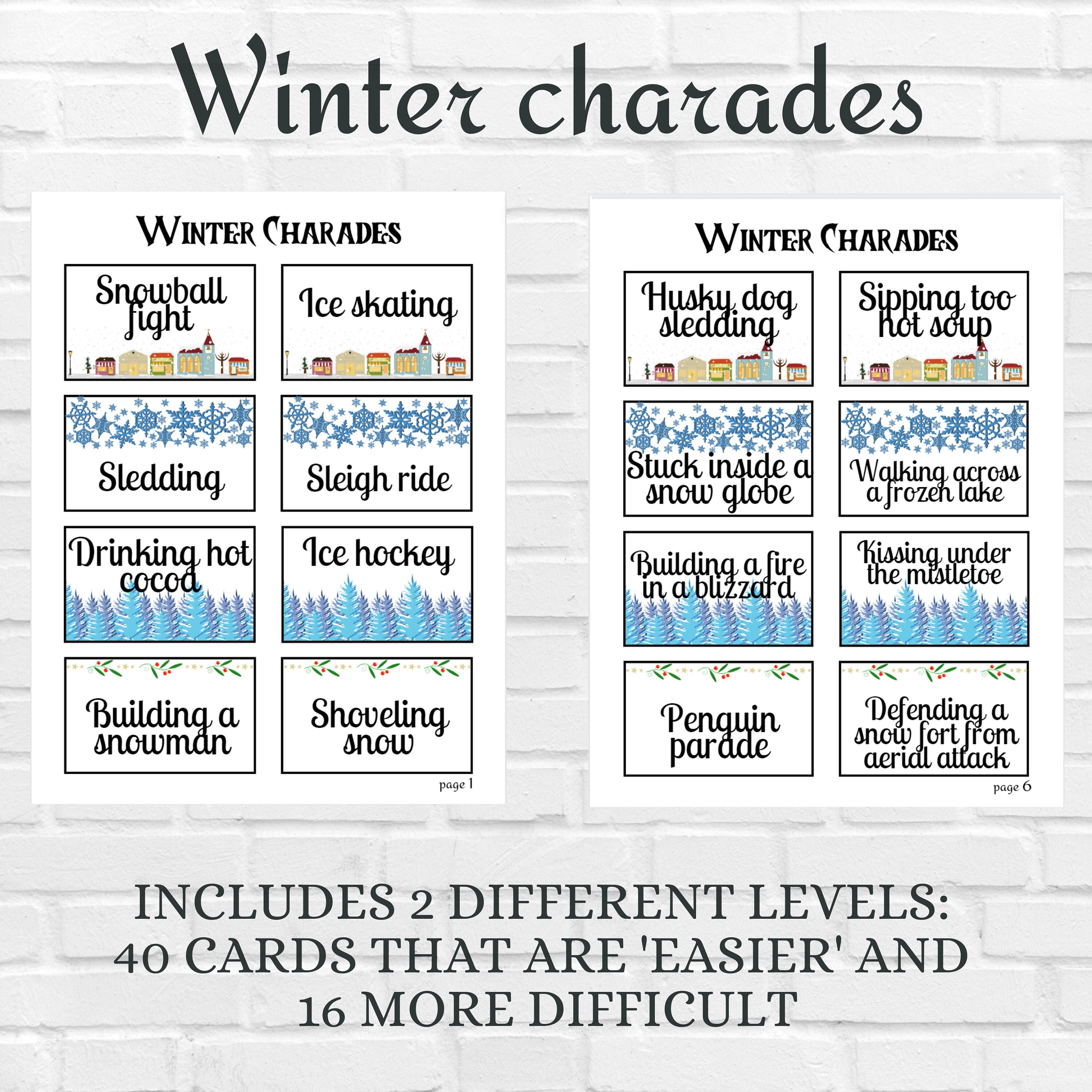 Charades Cards, Kids Party Games, Winter Activities for Adults ...