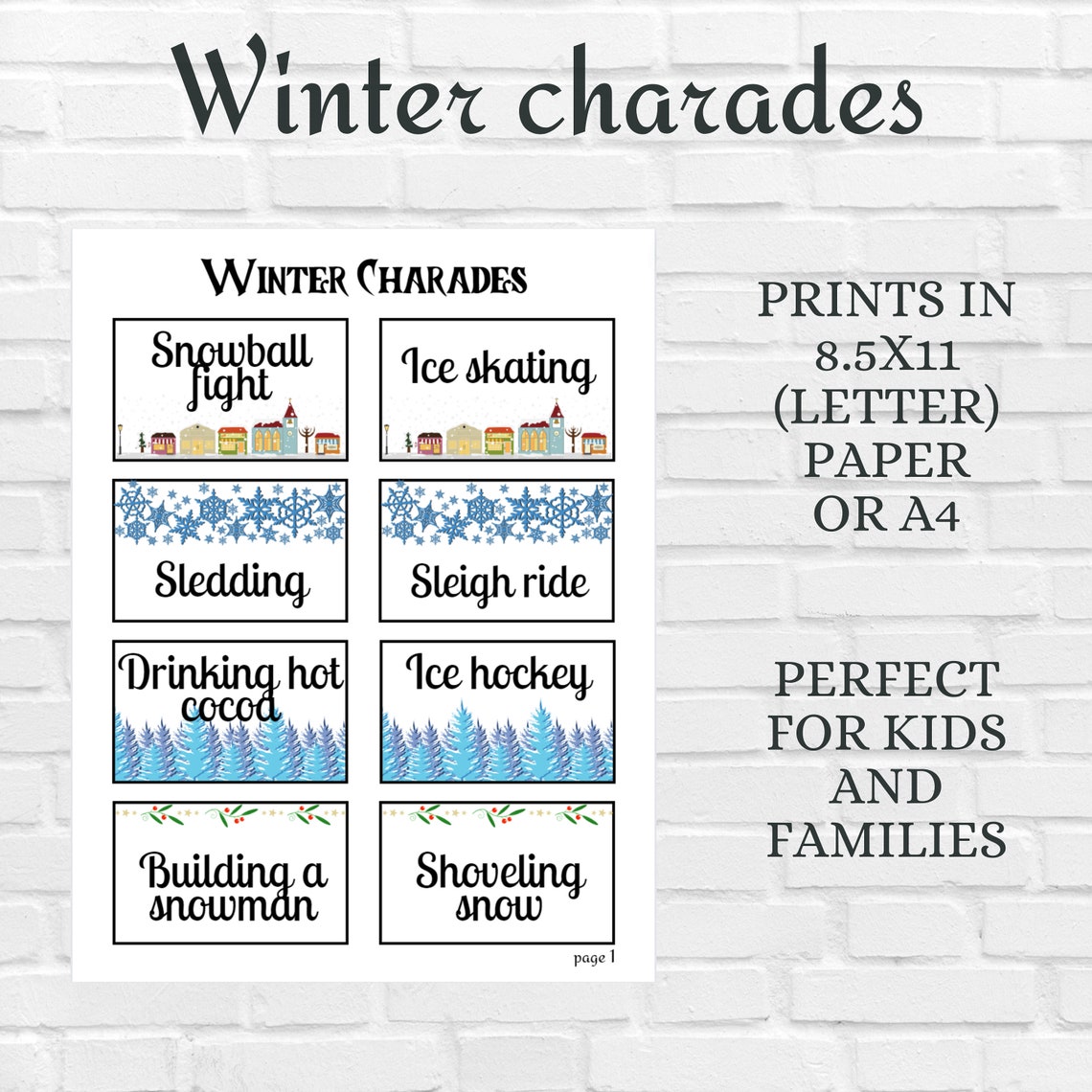 Charades Cards, Kids Party Games, Winter Activities for Adults ...