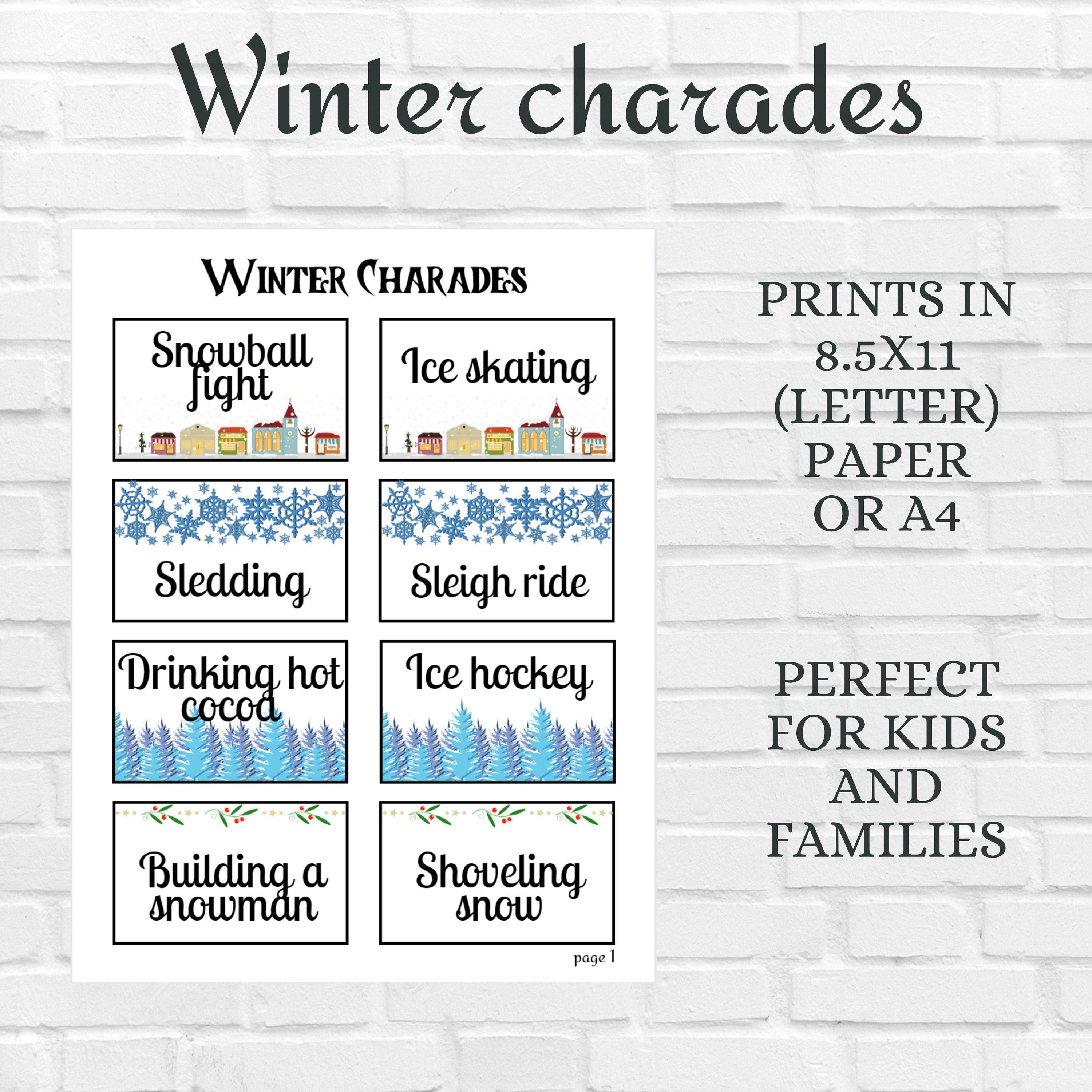 Charades Cards, Kids Party Games, Winter Activities for Adults ...