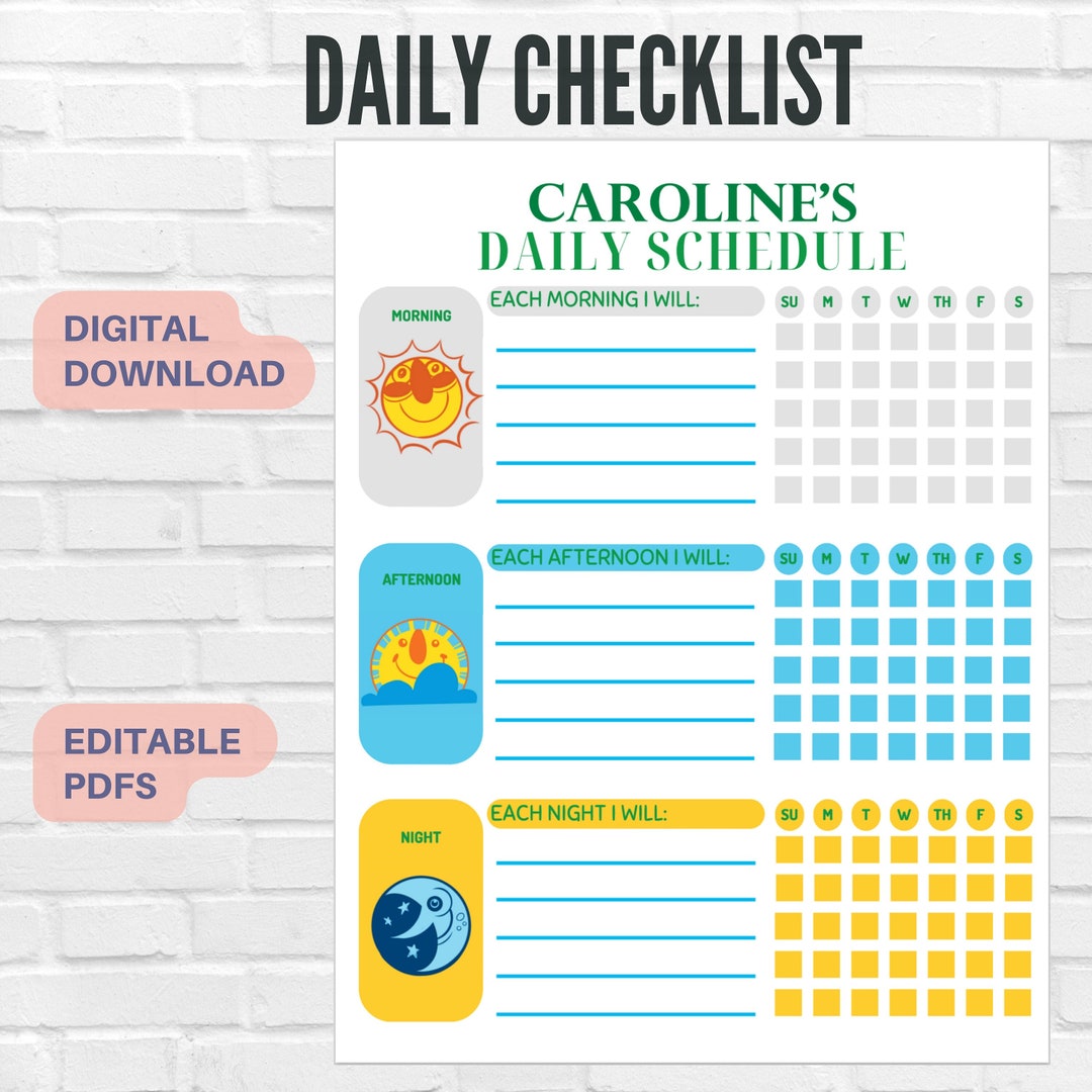 Kids Daily Checklist, Editable Chore Chart, Printable Weekly Planner ...