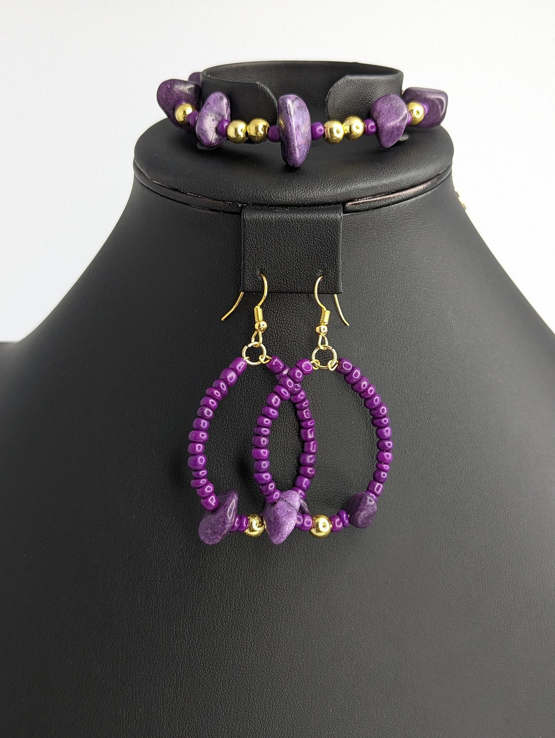 Purple & Gold Beaded Jewelry Set - Etsy