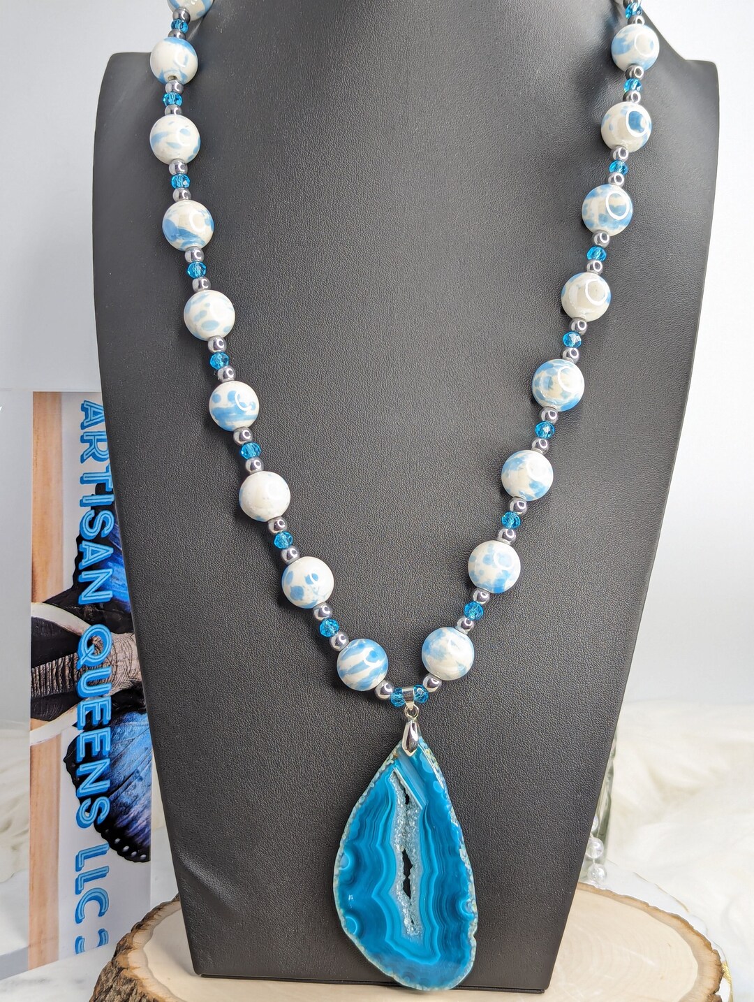 Blue Agate Quartz Pendant Necklace With Blue Marble Beads - Etsy