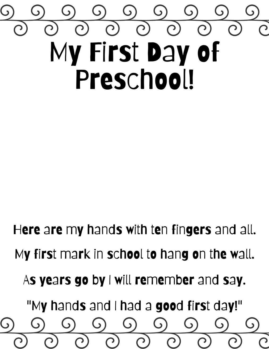 All About Me Preschool Worksheet, First Day of Preschool Handprint Poem ...