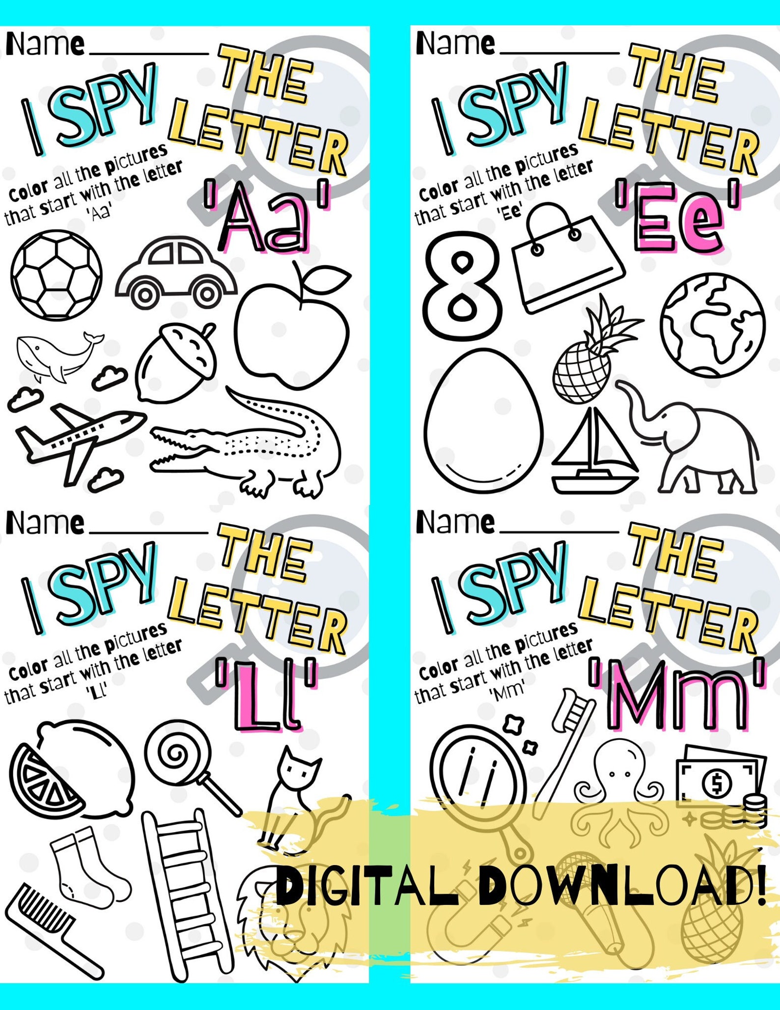 I Spy ABC Coloring Sheets, Search and Color ABC Activities, Preschool ...