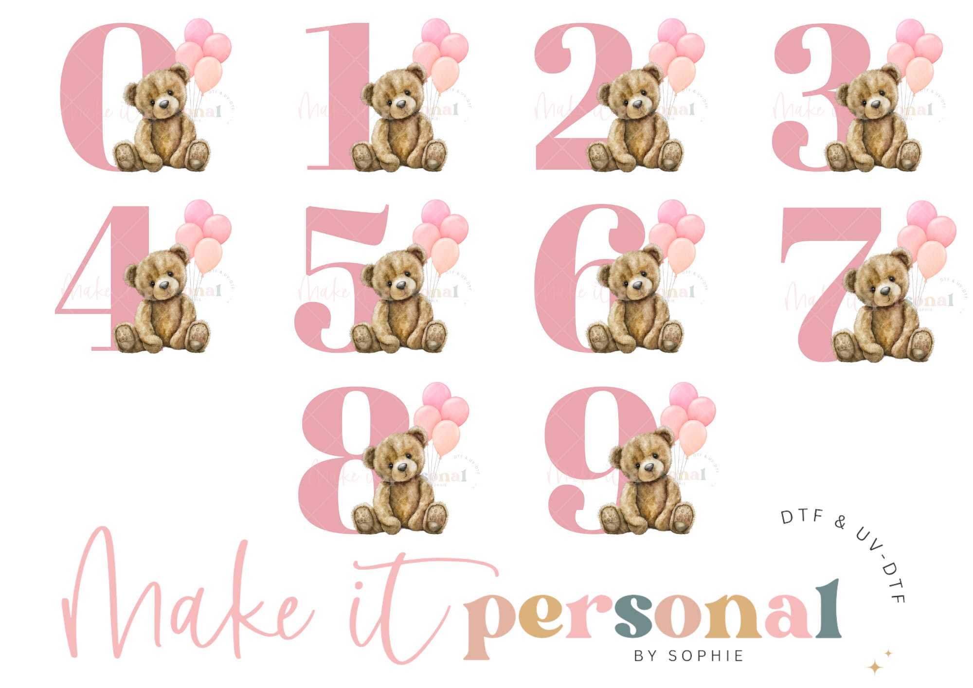 Teddy Bear, Full Set of Numbers, Birthday, Clipart, Sublimation. PNG ...