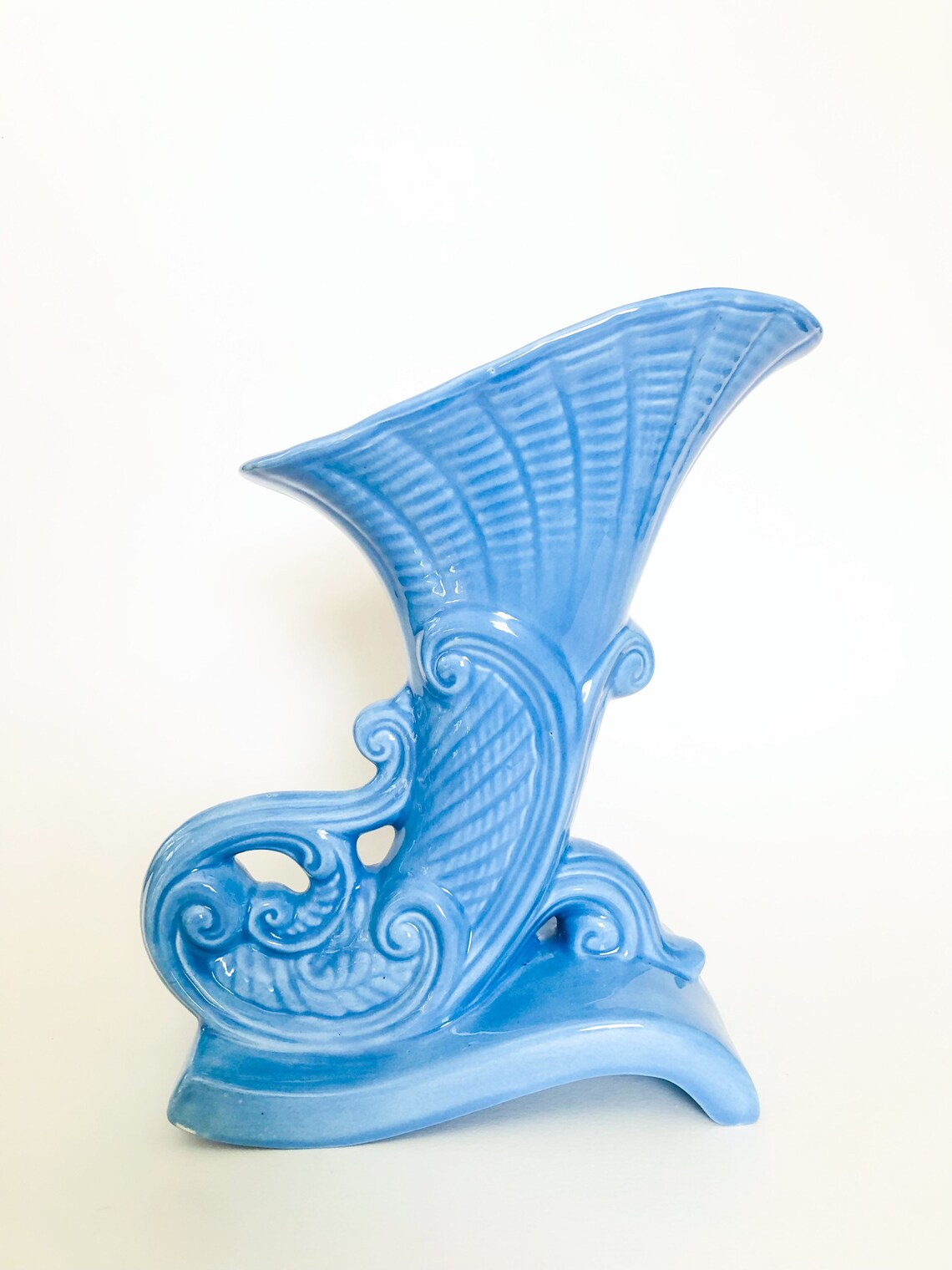 Vintage Blue Cornucopia Vase or Planter, Bisqueware Planter - Etsy