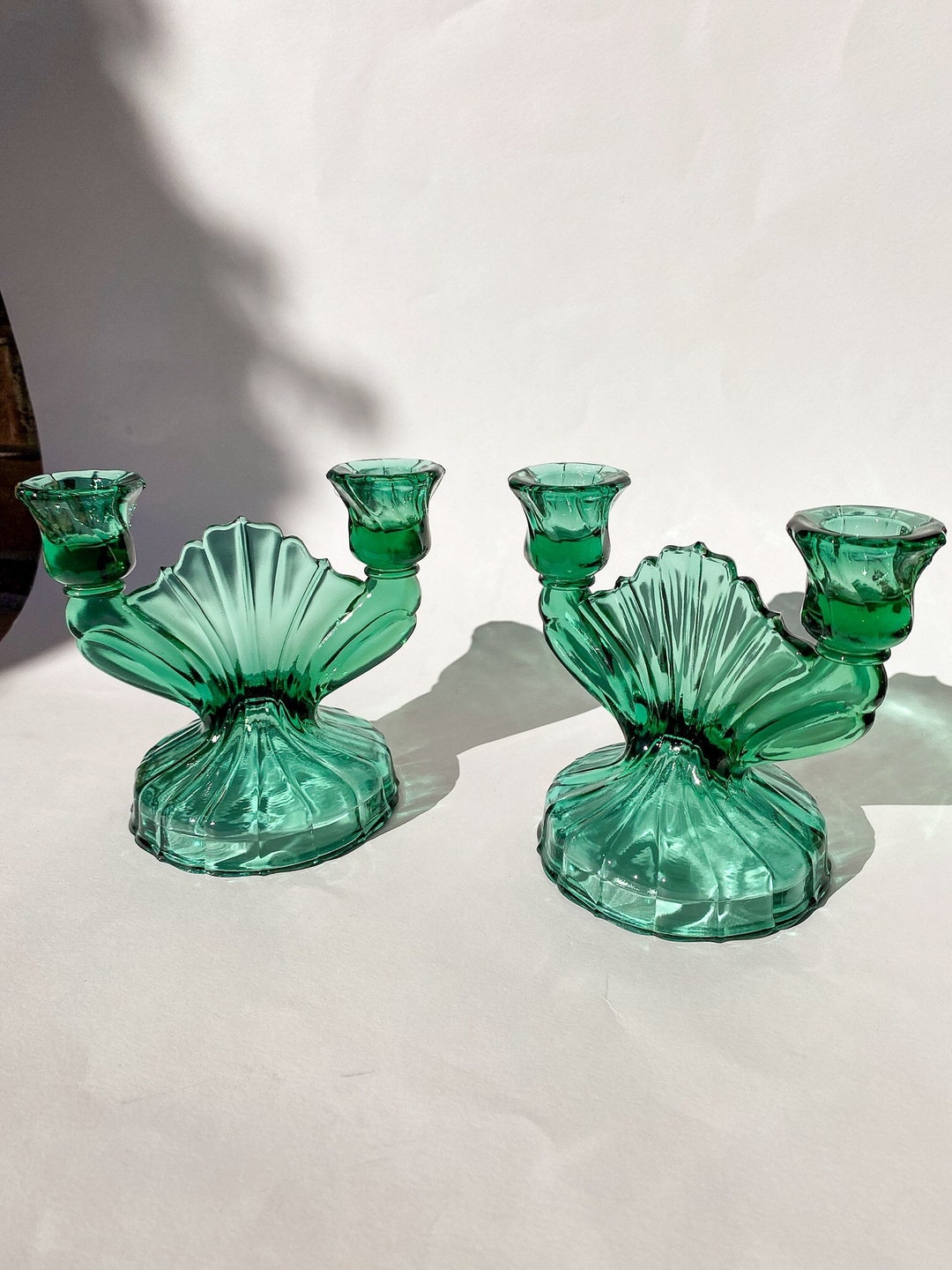 Vintage Green Glass Candlestick Holders 1930s Ultramarine Blue Green Glass Double Candlestick