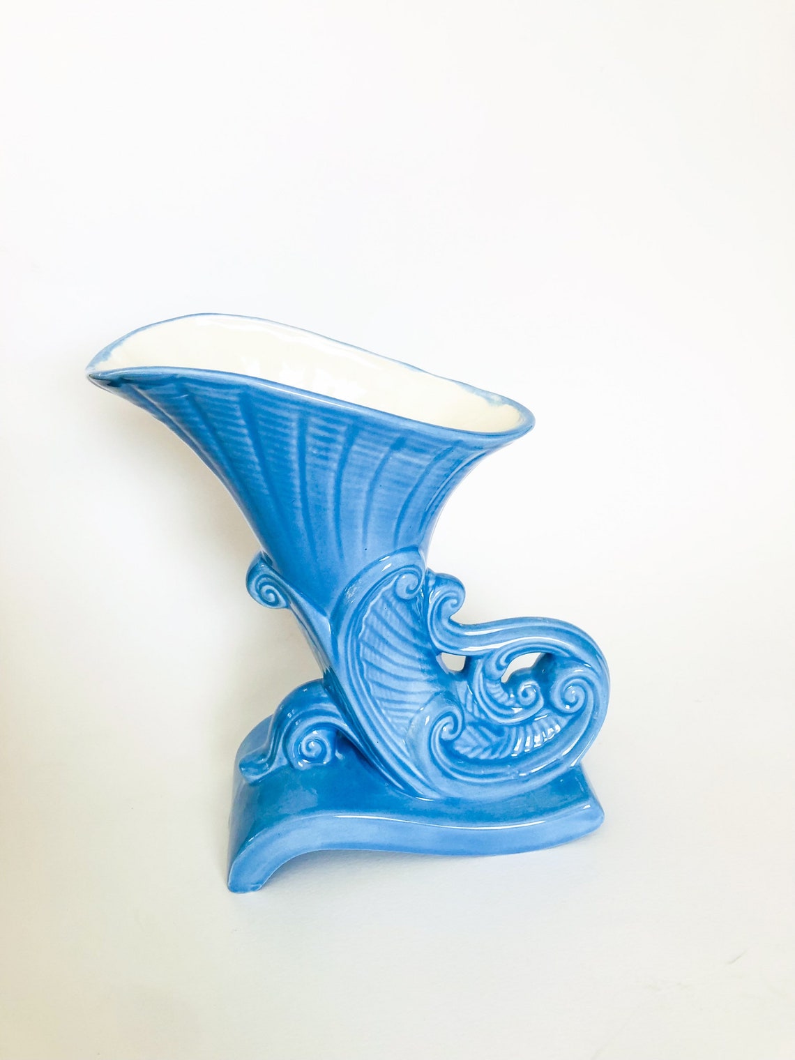 Vintage Blue Cornucopia Vase or Planter, Bisqueware Planter - Etsy