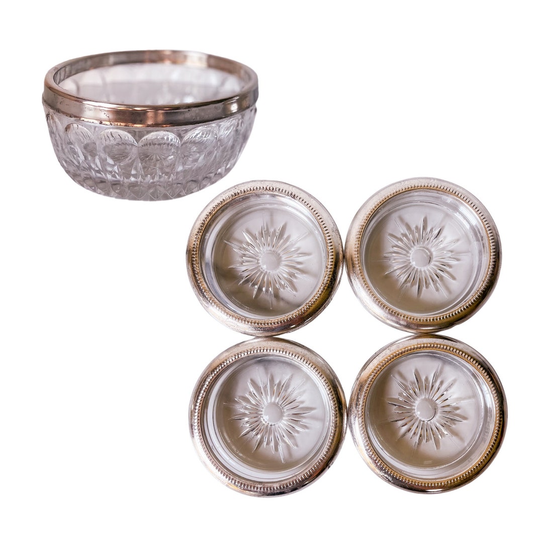 Vintage Leonard Italy Silver-plate Crystal Coasters Set of 4 With Bowl ...