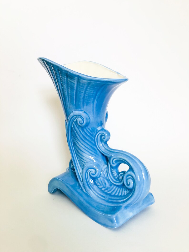 Vintage Blue Cornucopia Vase or Planter, Bisqueware Planter - Etsy