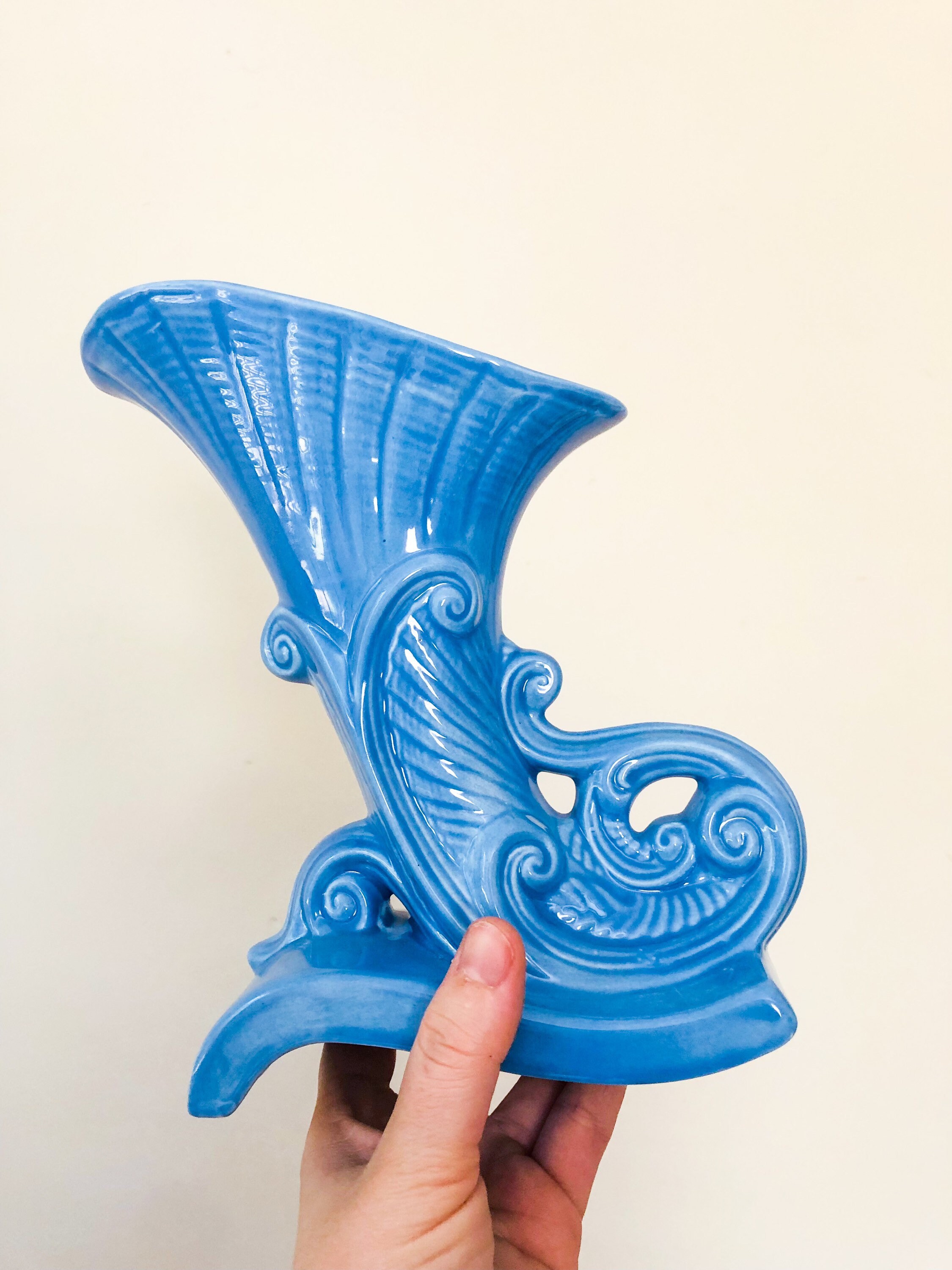 Vintage Blue Cornucopia Vase or Planter, Bisqueware Planter - Etsy