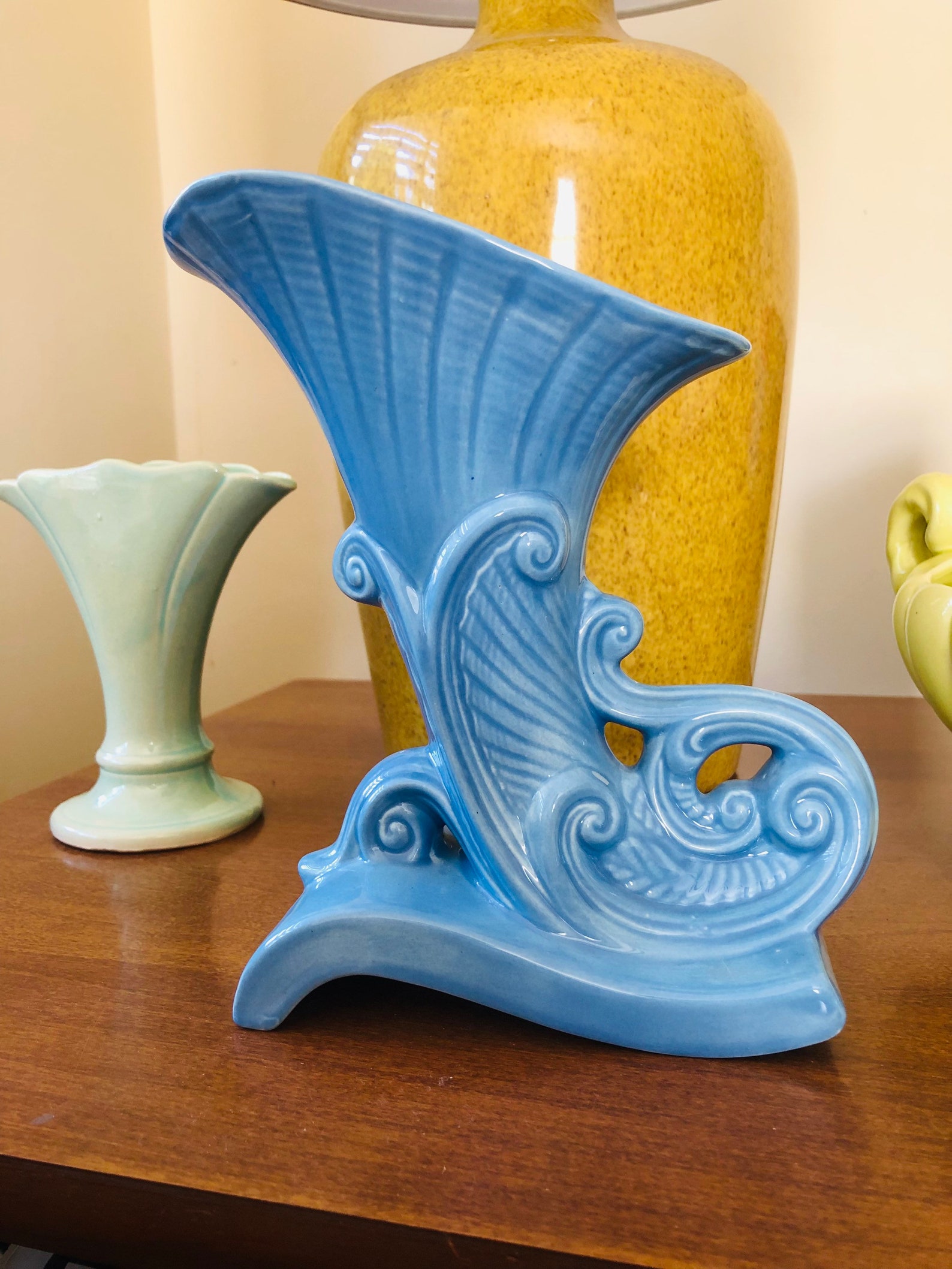 Vintage Blue Cornucopia Vase or Planter, Bisqueware Planter - Etsy