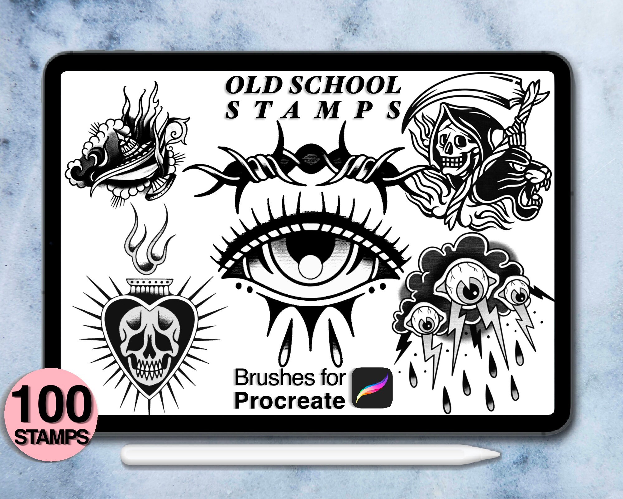 100 Procreate Old School Stamps Procreate Brushes Tattoo Style Save ...