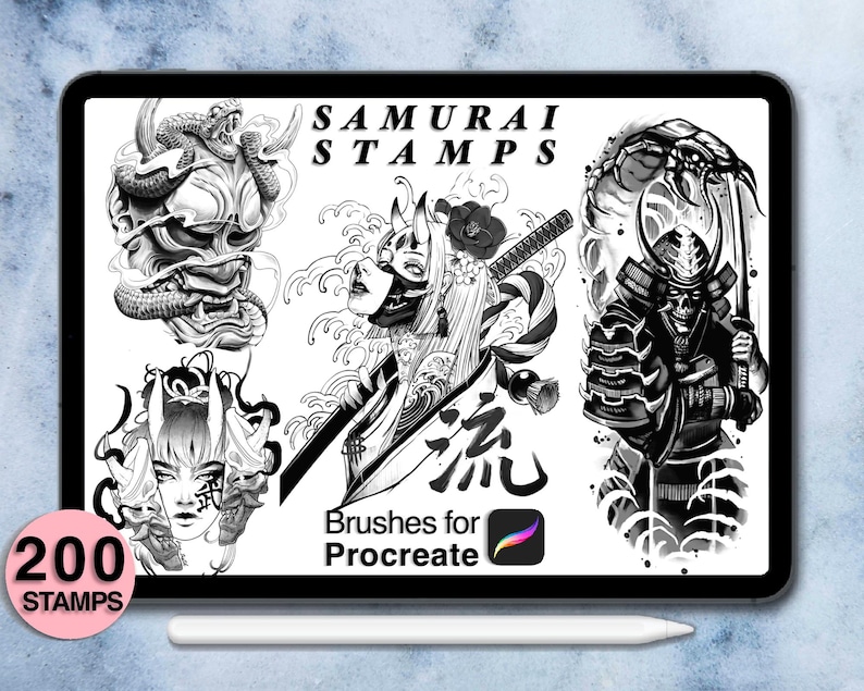 200 Procreate Samurai Stamps | Procreate Brushes | Tattoo Style | Save ...