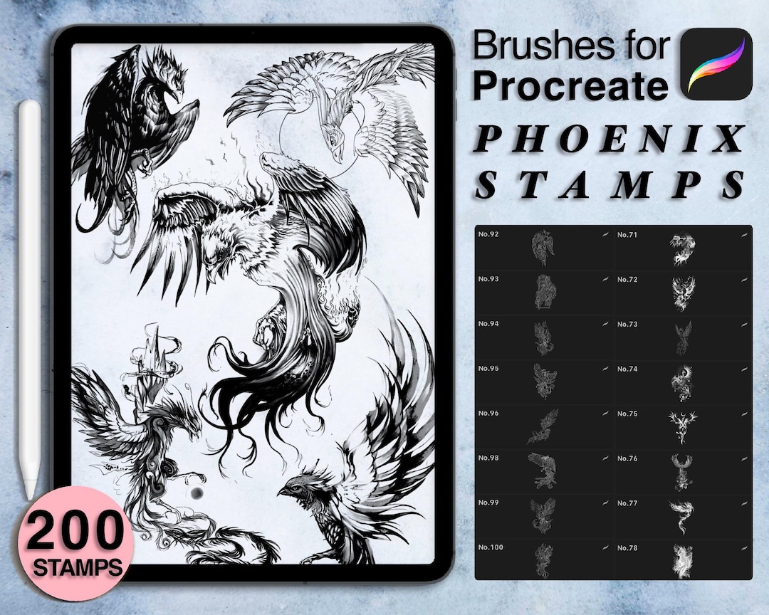 200 Procreate Phoenix Stamps | Procreate Brushes | Tattoo Style | Save ...