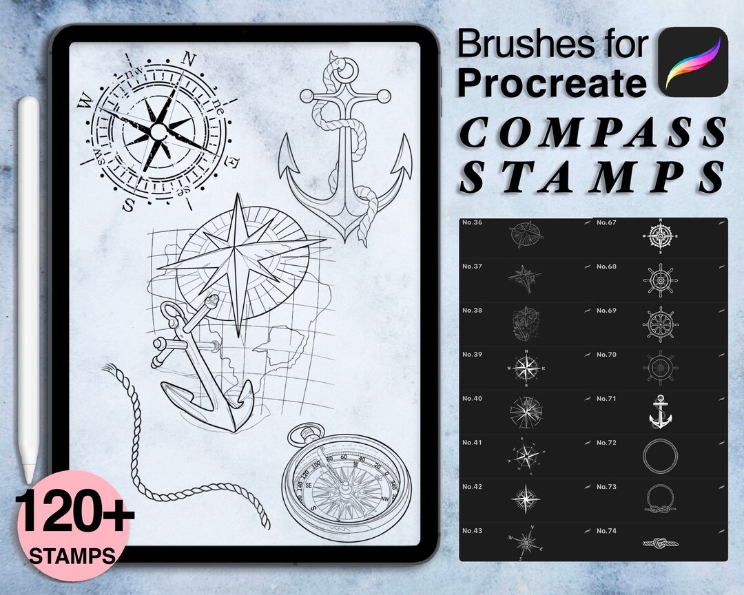120 Procreate Compass Stamps | Procreate Brushes | Sailor Tattoo Style ...
