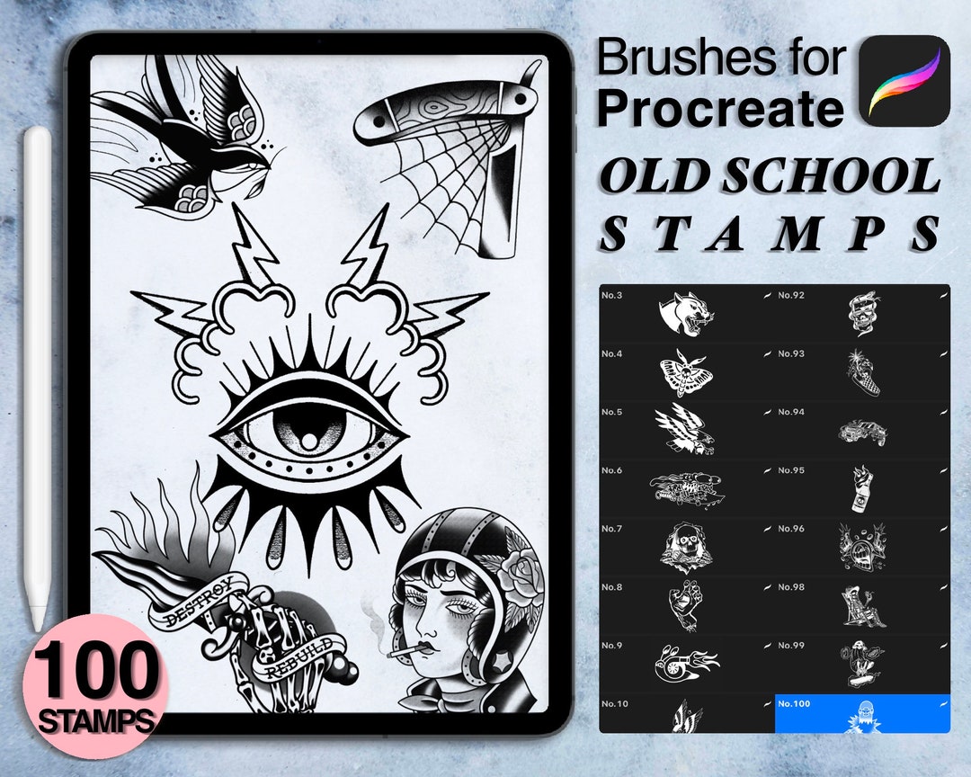 100 Procreate Old School Stamps | Procreate Brushes | Tattoo Style ...