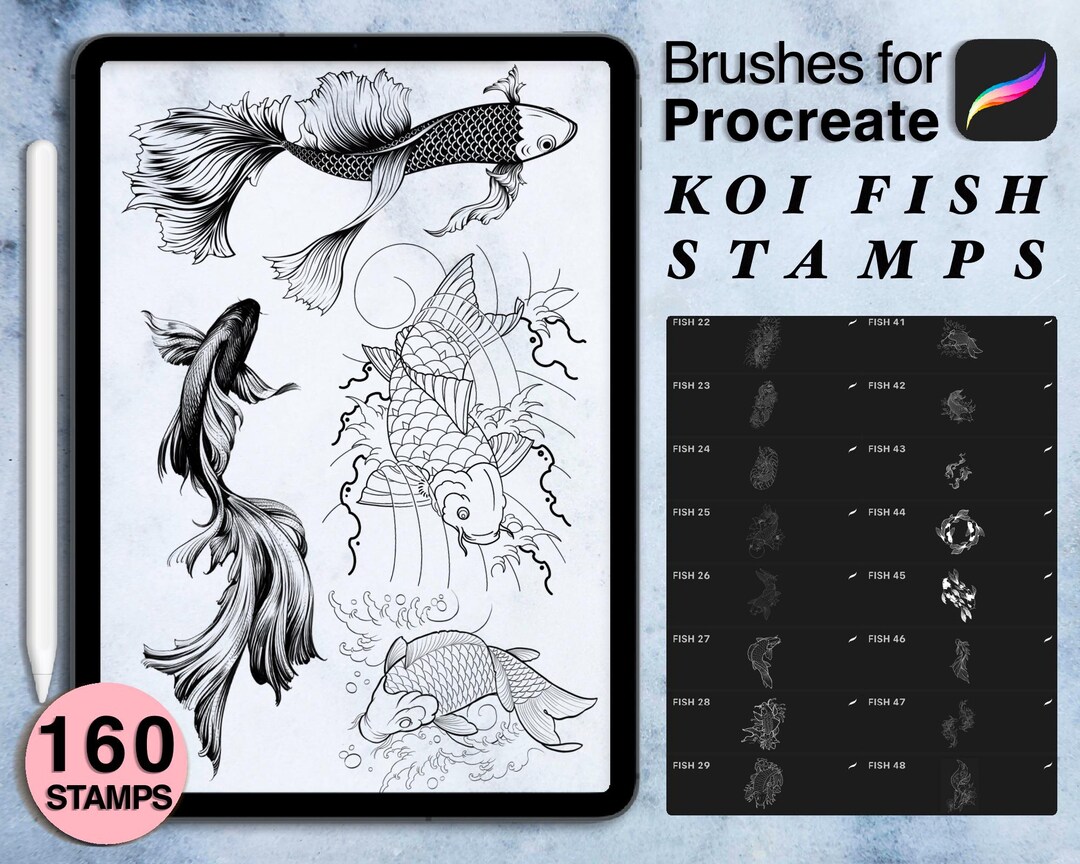 160 Procreate Koi Fish Stamps | Procreate Brushes | Tattoo Style | Save ...