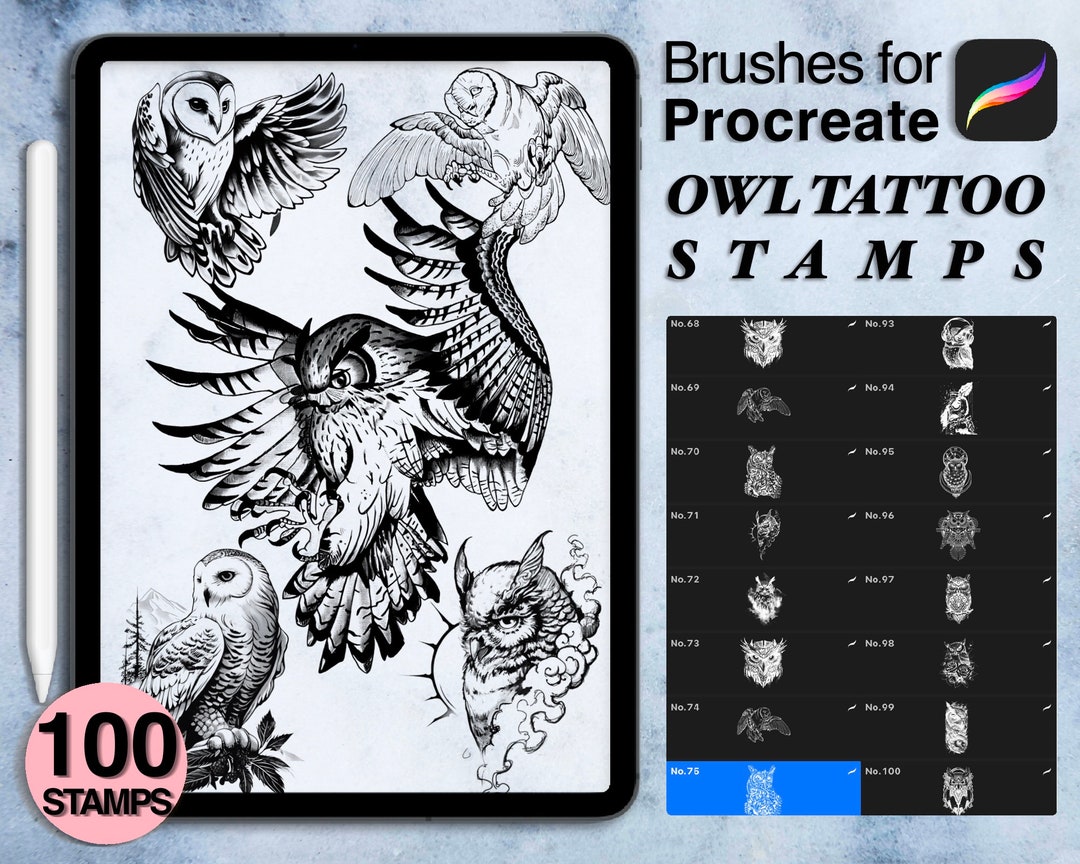 100 Procreate Owl Stamps Procreate Brushes Tattoo Style Save Your Time ...