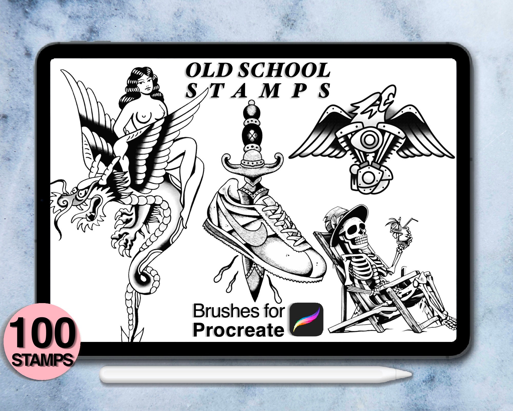 100 Procreate Old School Stamps Procreate Brushes Tattoo Style Save ...