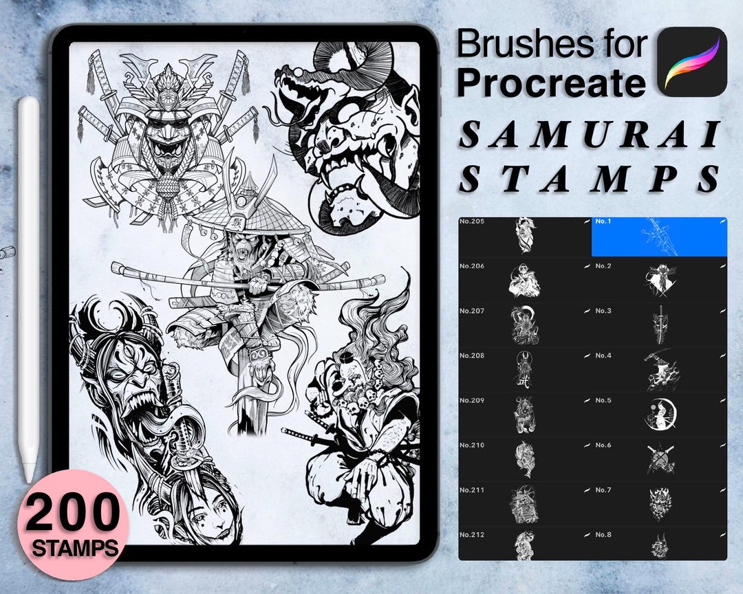 200 Procreate Samurai Stamps | Procreate Brushes | Tattoo Style | Save ...