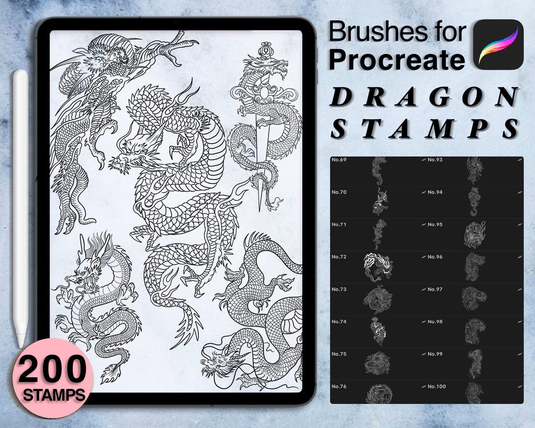 200 Procreate Dragon Stamps | Procreate Brushes | Tattoo Style | Save ...