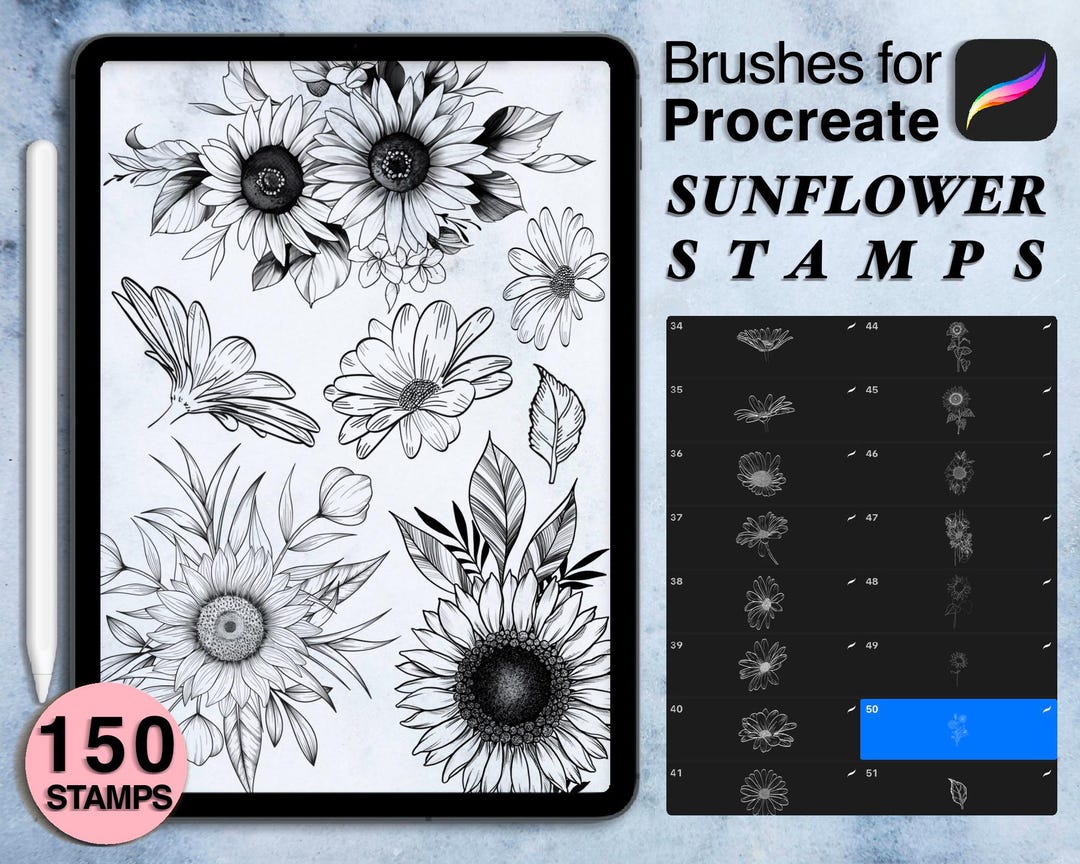 150 Procreate Sunflower Stamps | Procreate Brushes | Tattoo Style ...