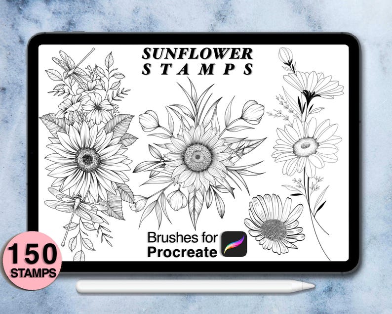 150 Procreate Sunflower Stamps | Procreate Brushes | Tattoo Style ...