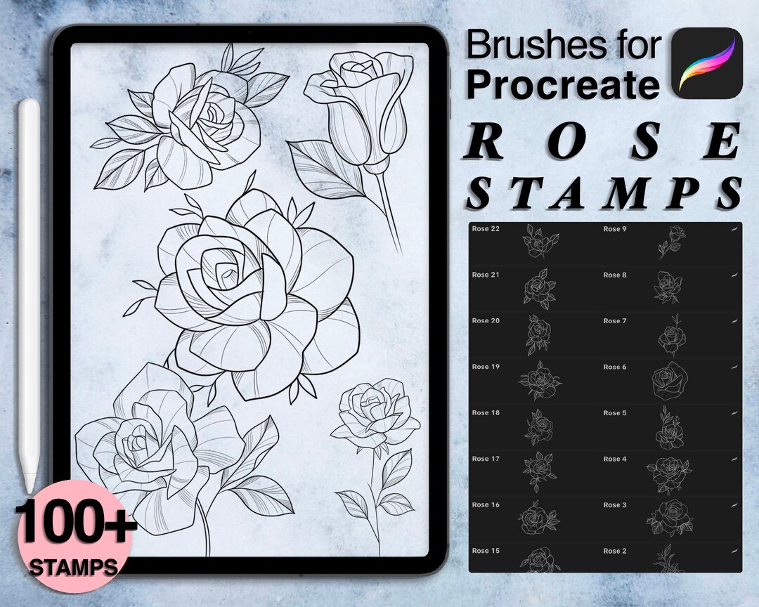 100 Procreate Rose Stamps | Procreate Brushes | Floral Tattoo Style ...