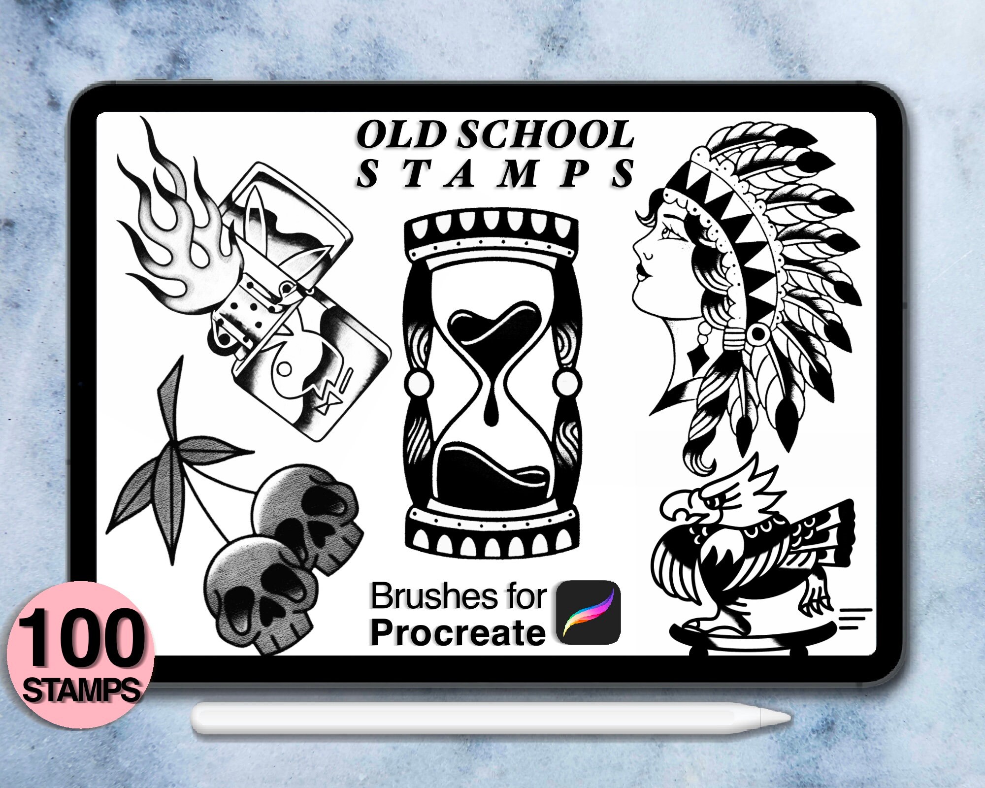 100 Procreate Old School Stamps Procreate Brushes Tattoo Style Save ...