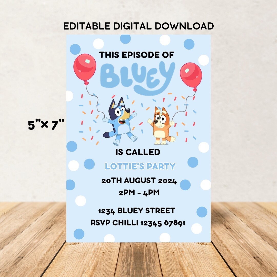 Bluey Editable Birthday Invitation Personalised Digital Party ...