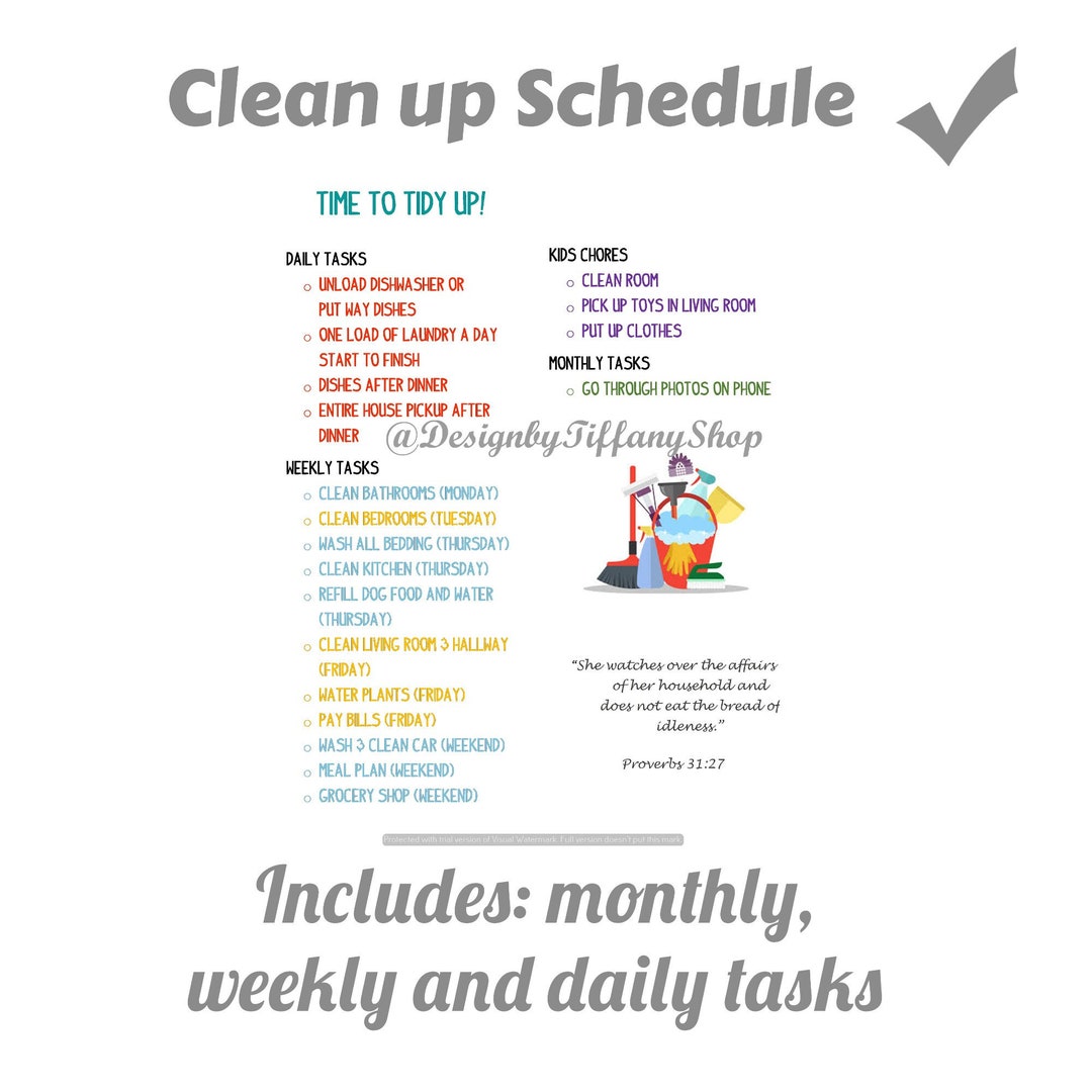 Clean up Schedule, Cleaning Checklist, Chore Chart, to Do List - Etsy
