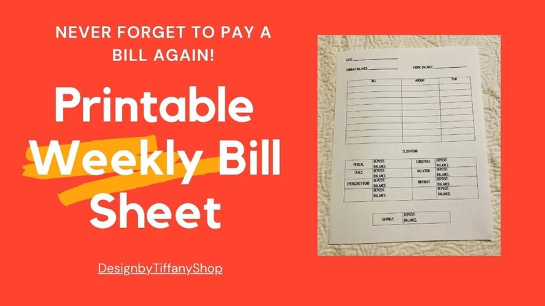 Printable Weekly Bill Sheet, Digital Download, Slush Fund, Bill Tracker ...