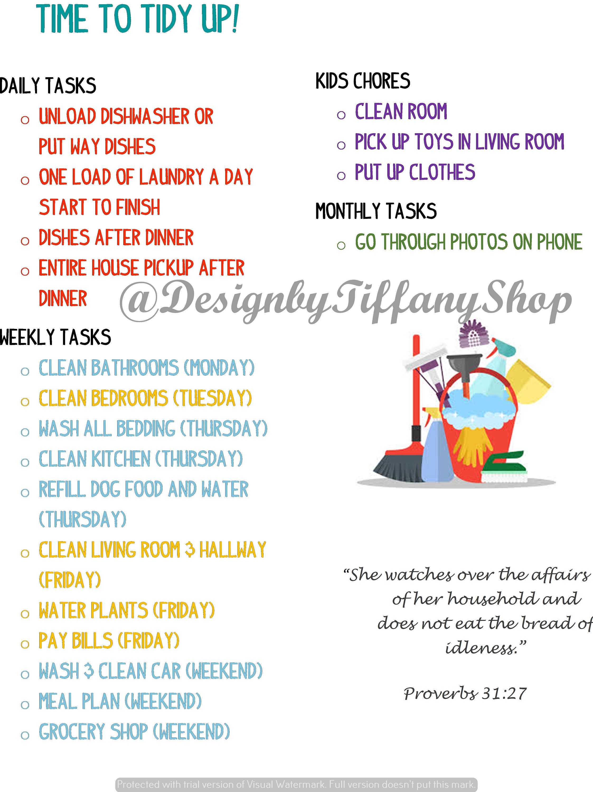 Clean up Schedule, Cleaning Checklist, Chore Chart, to Do List - Etsy