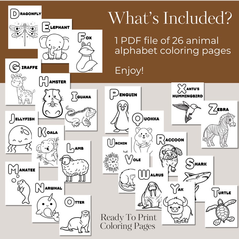 Animal Alphabet Coloring Pages, Digital Download, Fun for Kids and ...