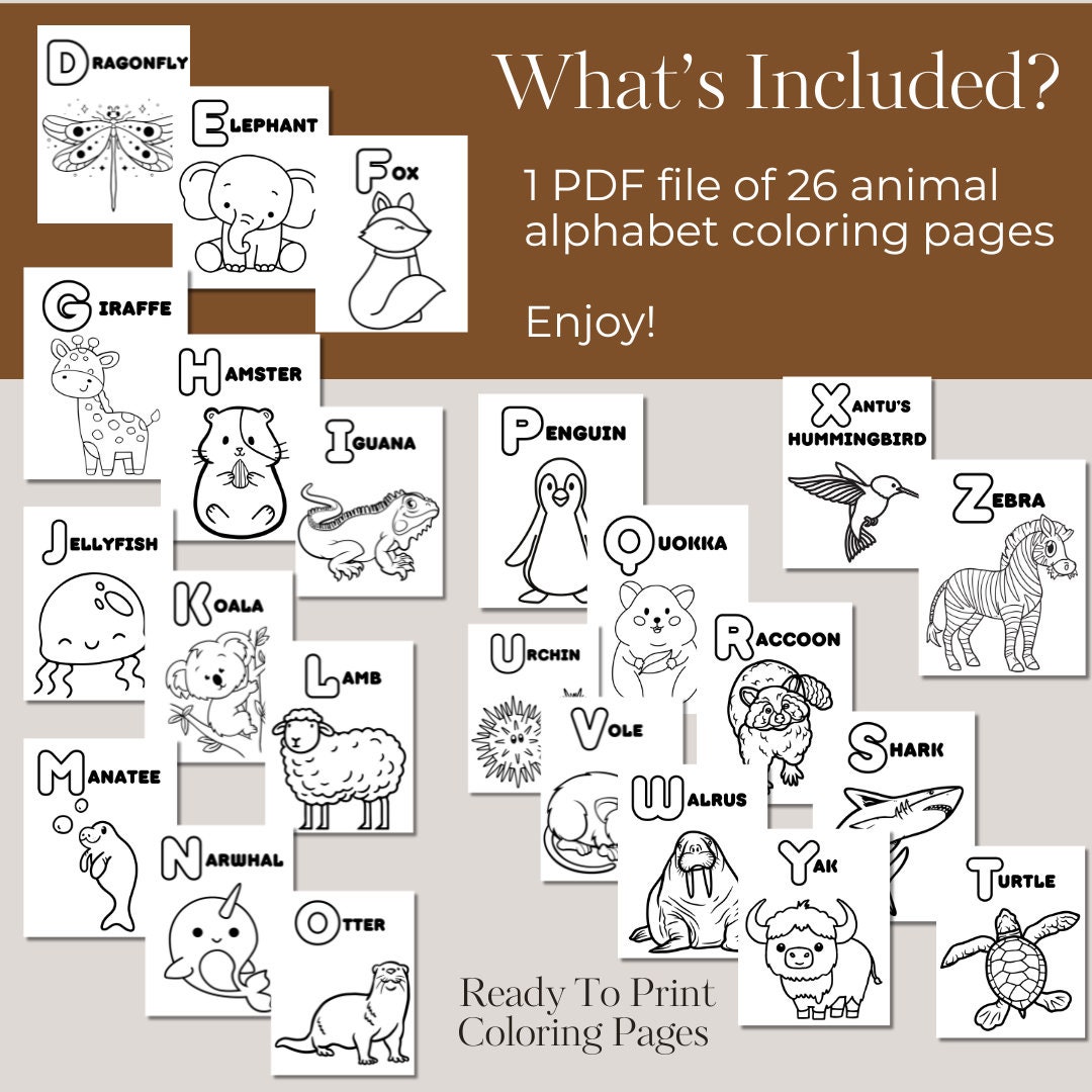 Animal Alphabet Coloring Pages, Digital Download, Fun for Kids and ...