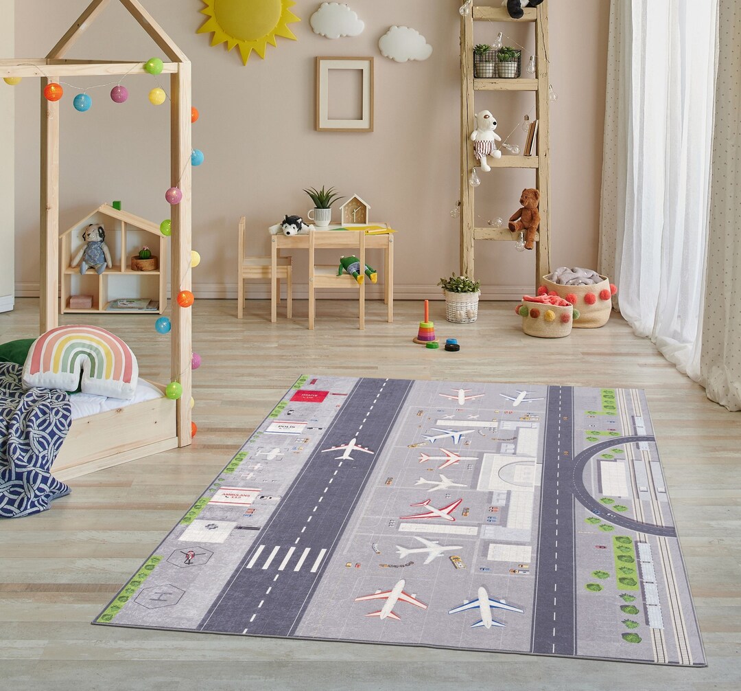 KIDS PLAY RUG, Soft Kids Room Rug, Airport Design Play Mat, Child Room ...