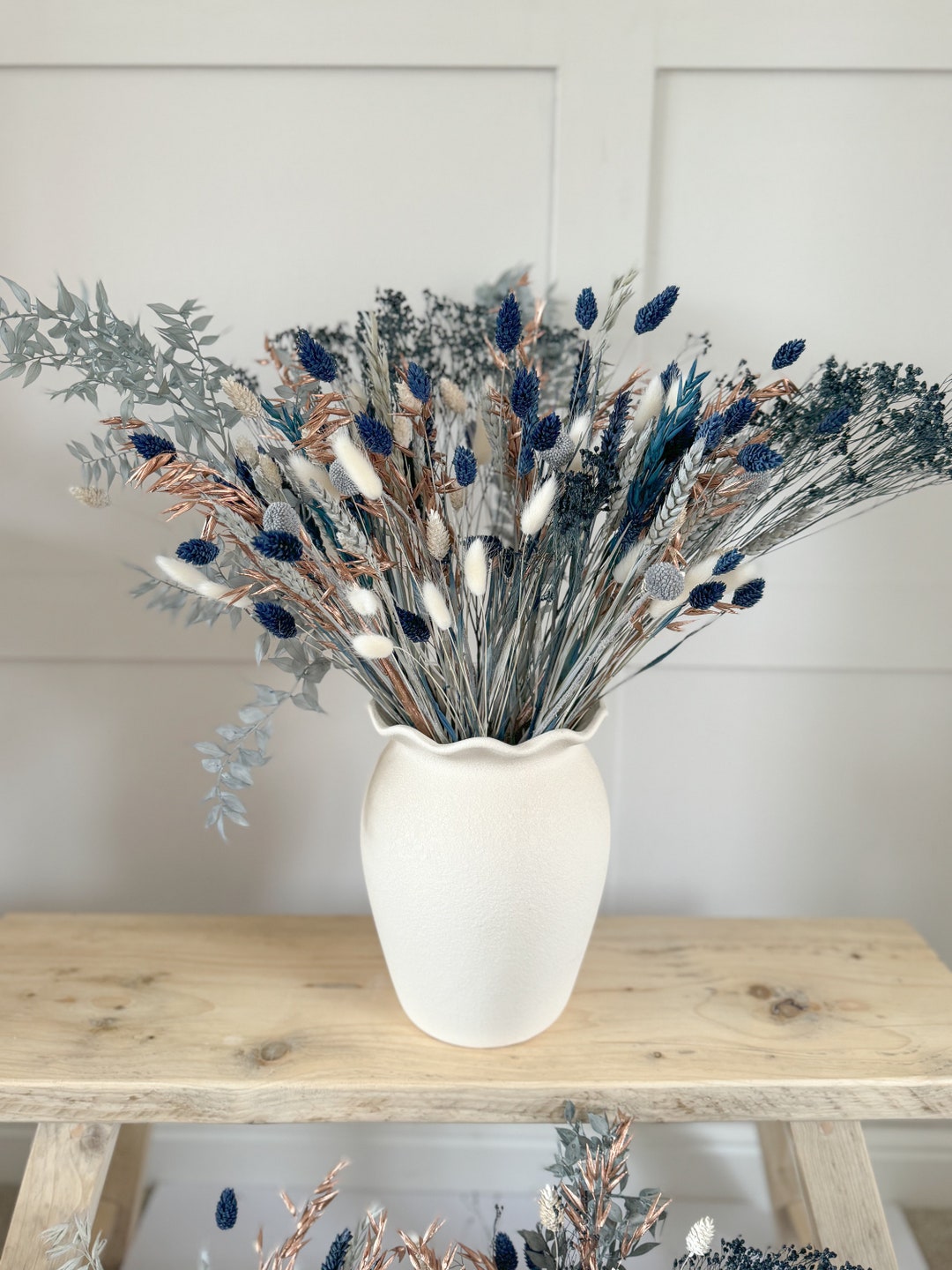 Dark Blue Dried Flower Bunch | Ruscus Arrangement | Grey Floral Bouquet ...