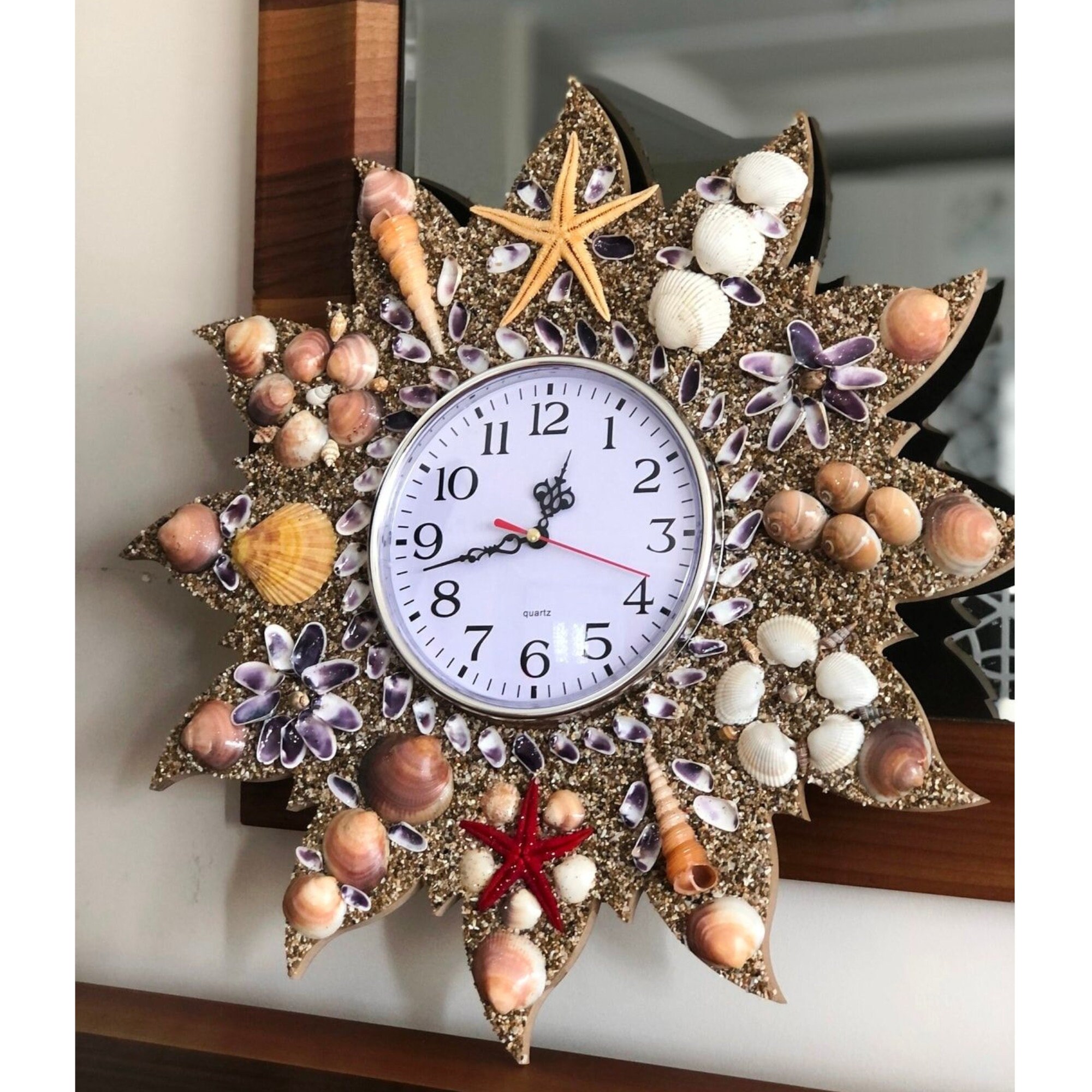Sea Star Art Wooden Wall Clock Seashells Decorated Quartz - Etsy