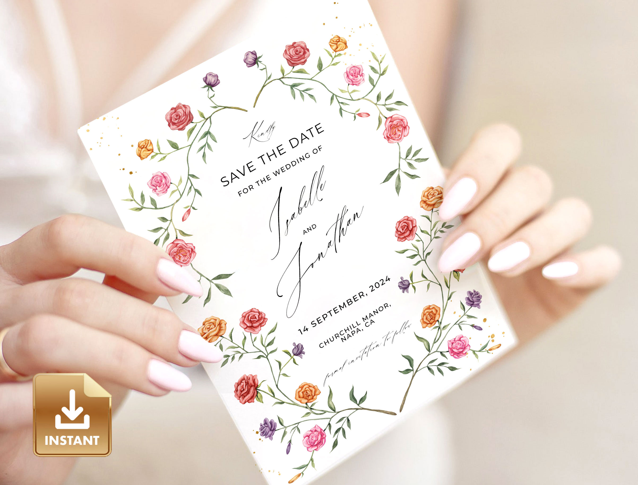 ROSA - Rose Save the Date Card Template, Instant Download, Colorful ...