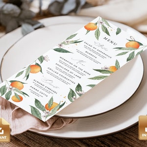 CLEMMIE - Orange Menu Card Template, Clementine Wedding Menu Card ...