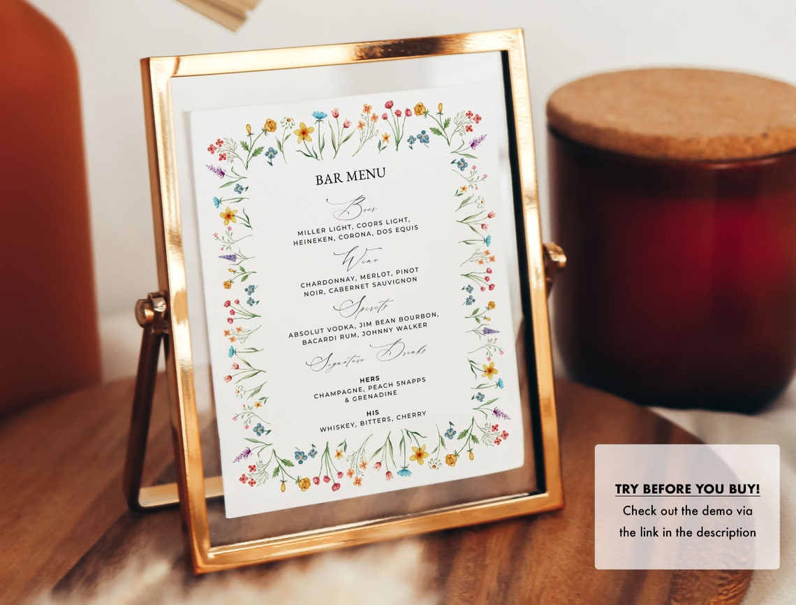 Bar Menu Sign, Printable Wedding Sign, Floral Drinks Menu Template ...