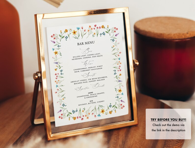 Bar Menu Sign, Printable Wedding Sign, Floral Drinks Menu Template ...