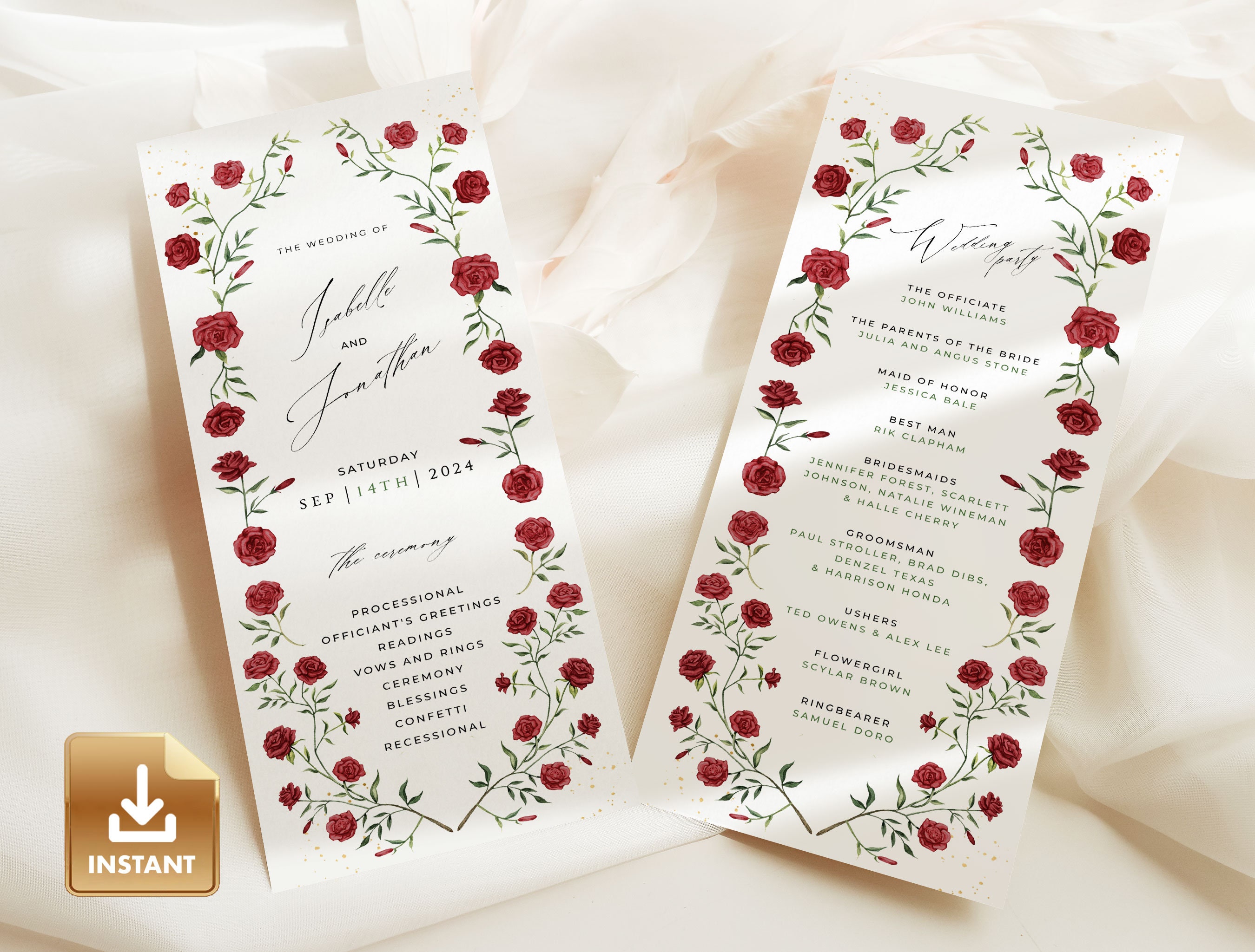 Red Rose Wedding Program Template, Romantic Ceremony Program, Printable ...