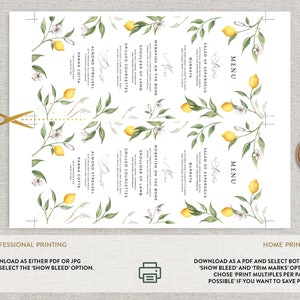 Lemon Menu Card Template, Summer Wedding Menu Card, Instant Download ...