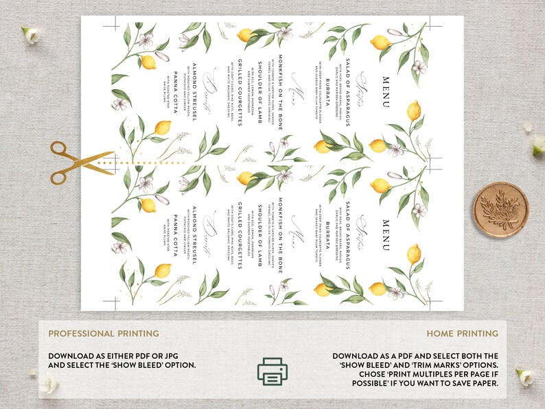 Lemon Menu Card Template Summer Wedding Menu Card Instant - Etsy