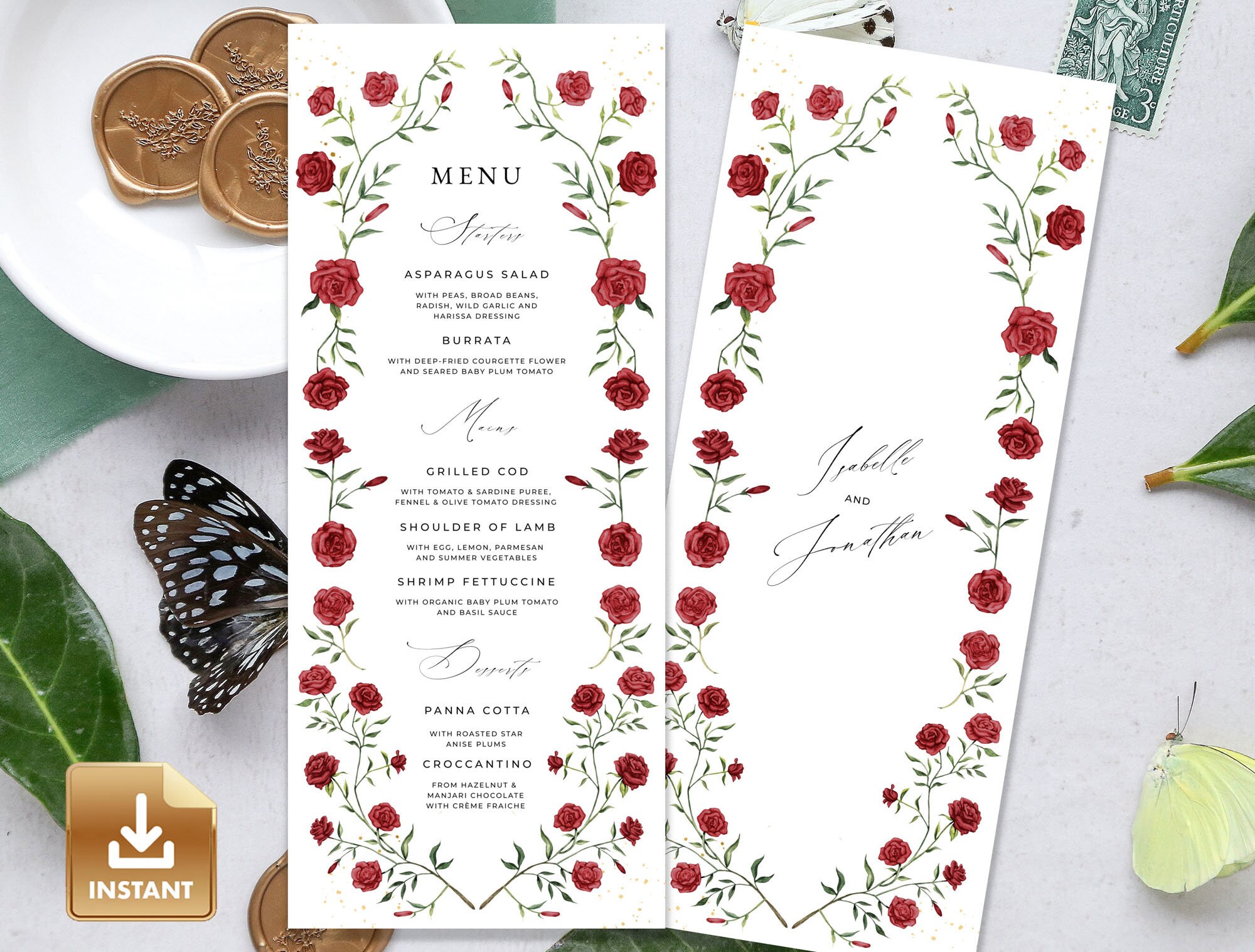BRIAR Red Rose Menu Card Template, Romantic Wedding Menu, Editable Rose ...