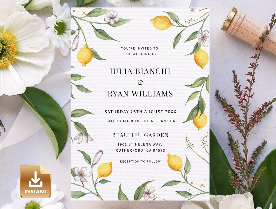 Citrus Wedding Invitation Template, Lemon Reception Invite, Instant ...